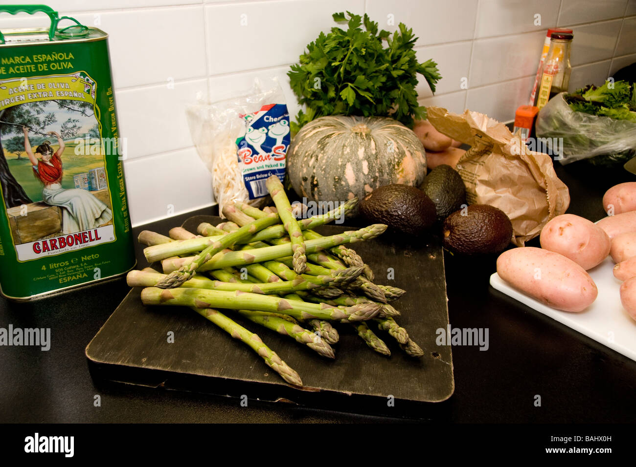 Food on bench top in kitchen Stock Photo - Alamy