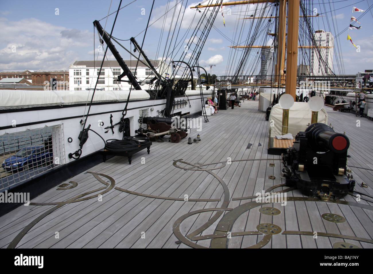 The deck of HMS Warrior, moored at the Portsmouth Historic Dockyard ...