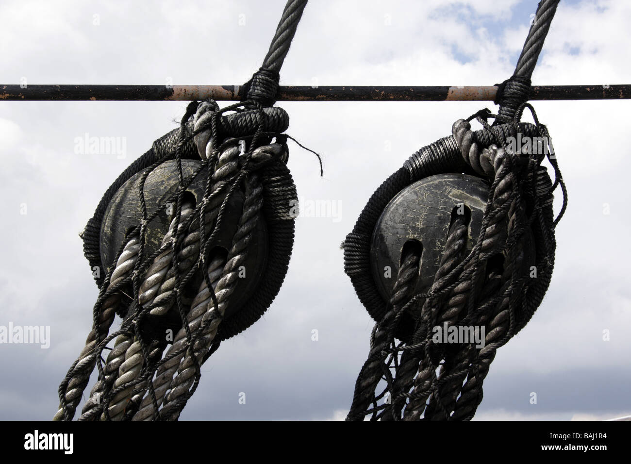 Rope blocks on a sailing ship Stock Photo - Alamy