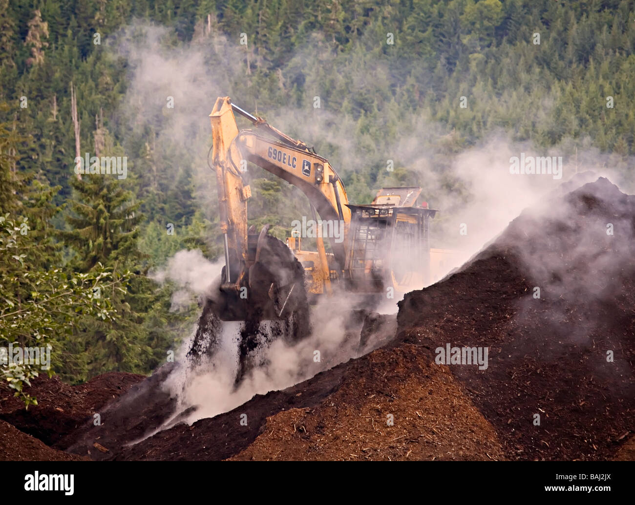 Mechanical excavator moving composting wood chippings and sawdust ...