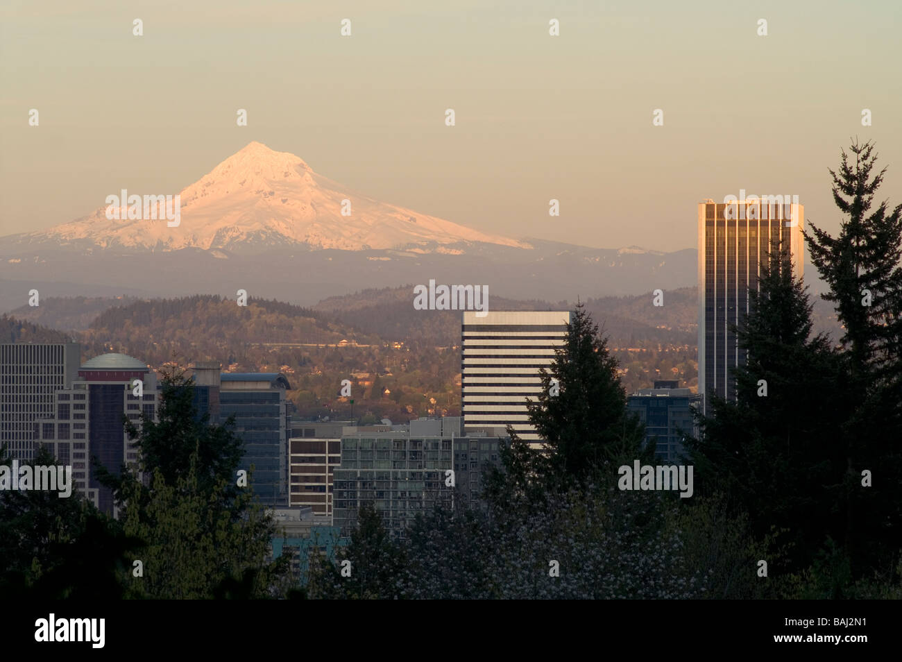 The Landmarks of Mt Hood and Portland Oregon seen from the hilltop in ...