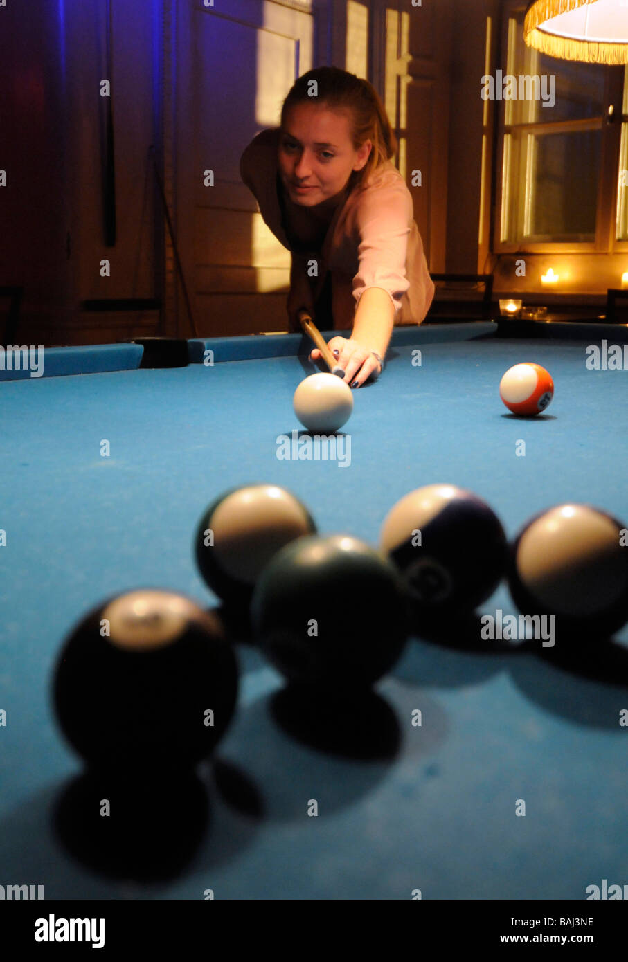 Woman Playing Pool Billard In Bar High Resolution Stock Photography and ...