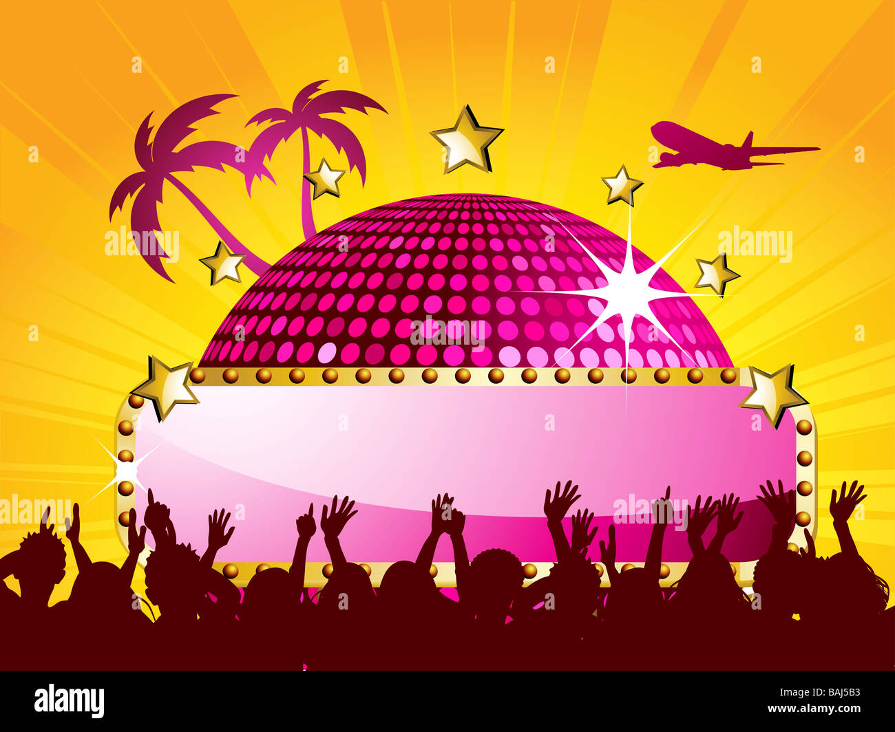 tropical party scene with crowd dancing and partying in front of sign ...