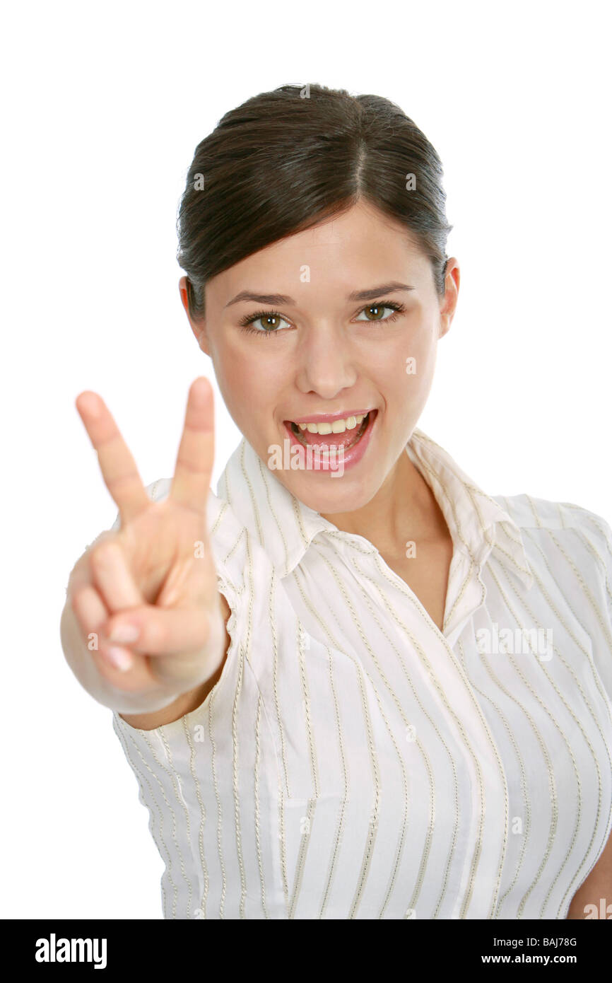 young woman showing victory sign Stock Photo - Alamy