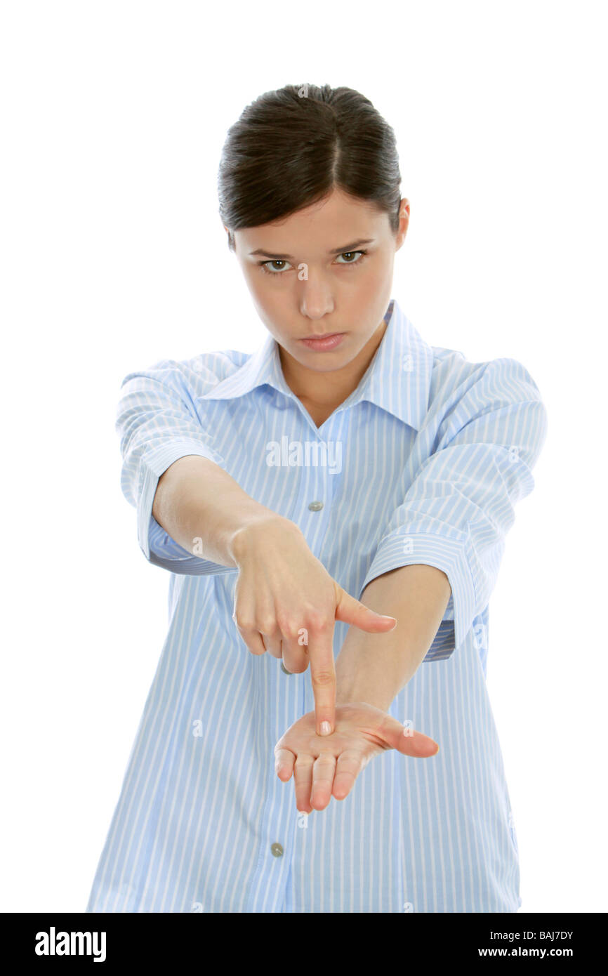 Frau streckt fordernd die Hand aus, woman stretches demanding the hand ...