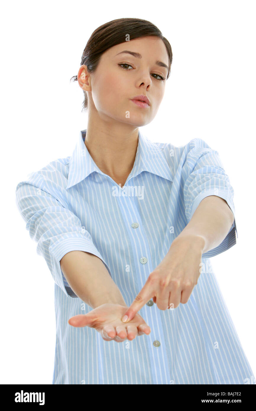 Frau streckt fordernd die Hand aus, woman stretches demanding the hand ...