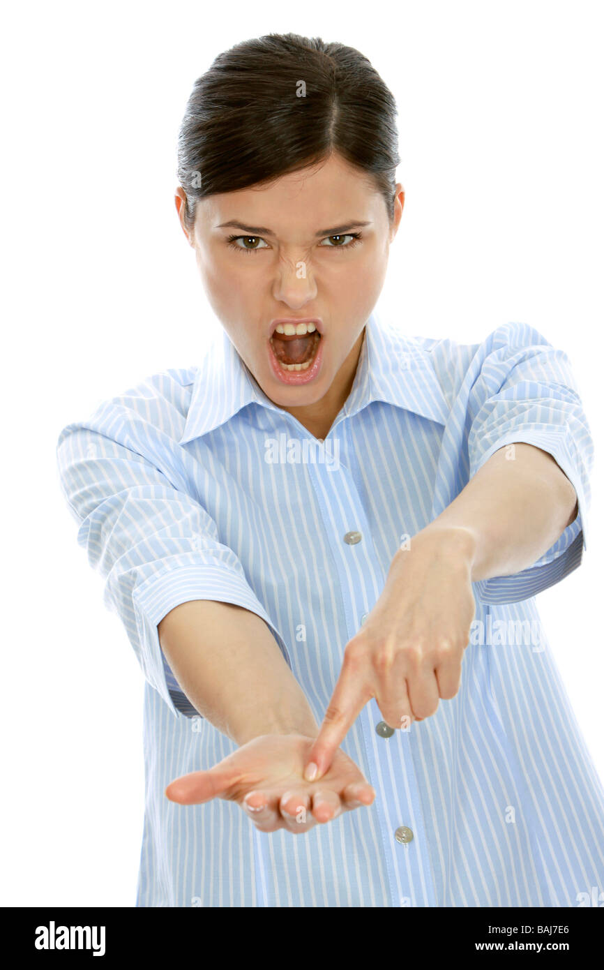 Frau streckt fordernd die Hand aus, woman stretches demanding the hand ...