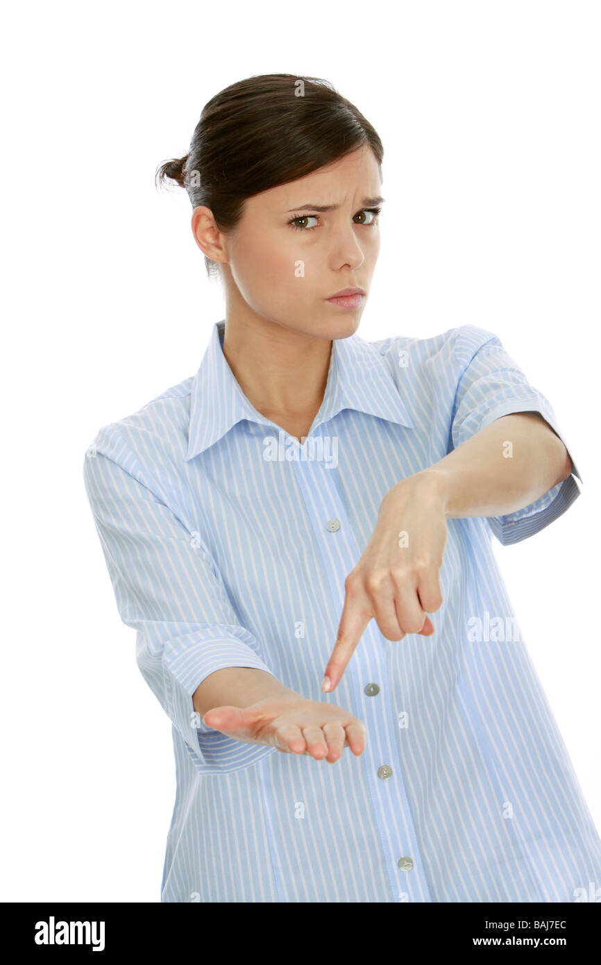 Frau streckt fordernd die Hand aus, woman stretches demanding the hand ...