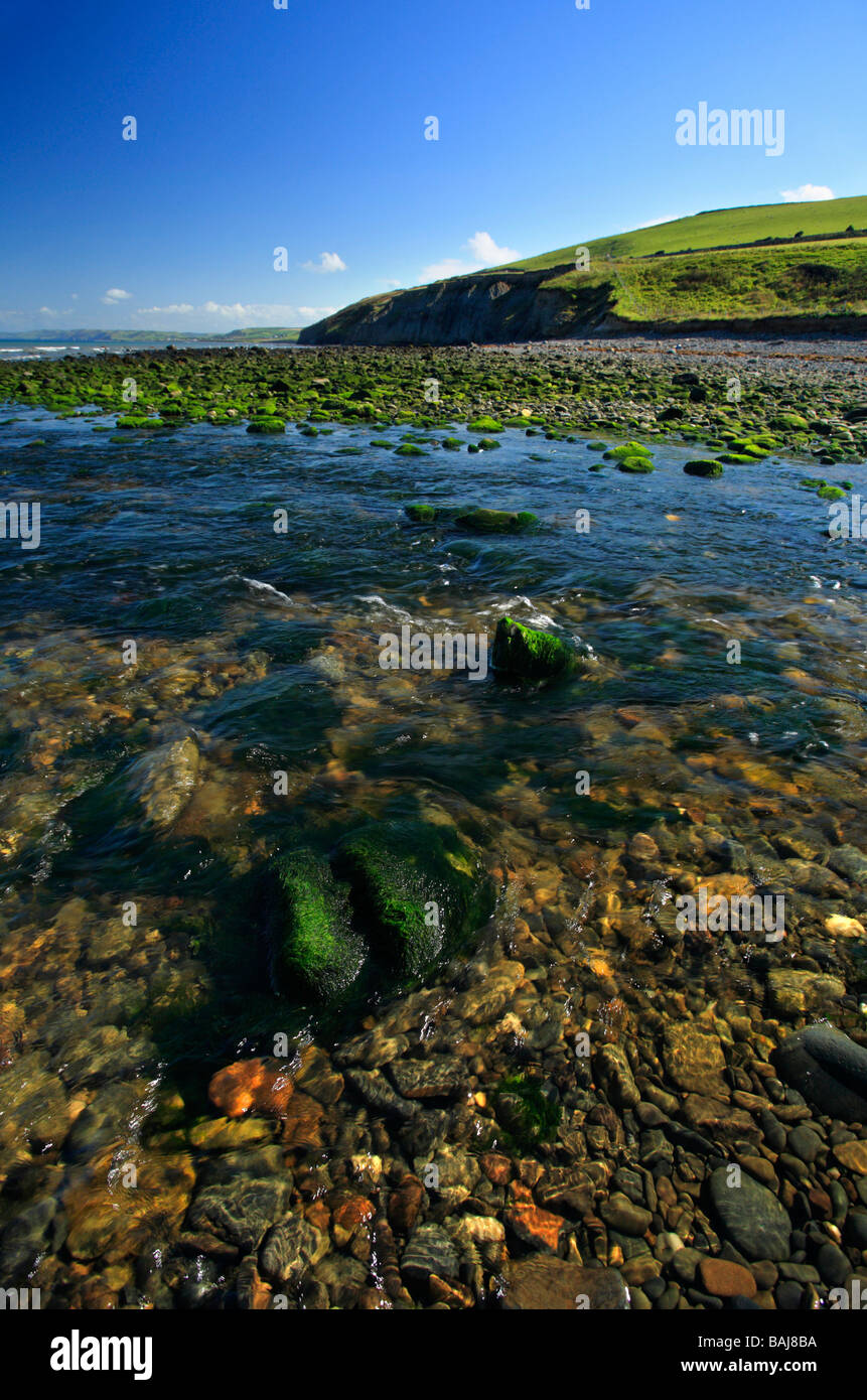 Rocks and water flowing on Aberarth beach, Wales Stock Photo - Alamy