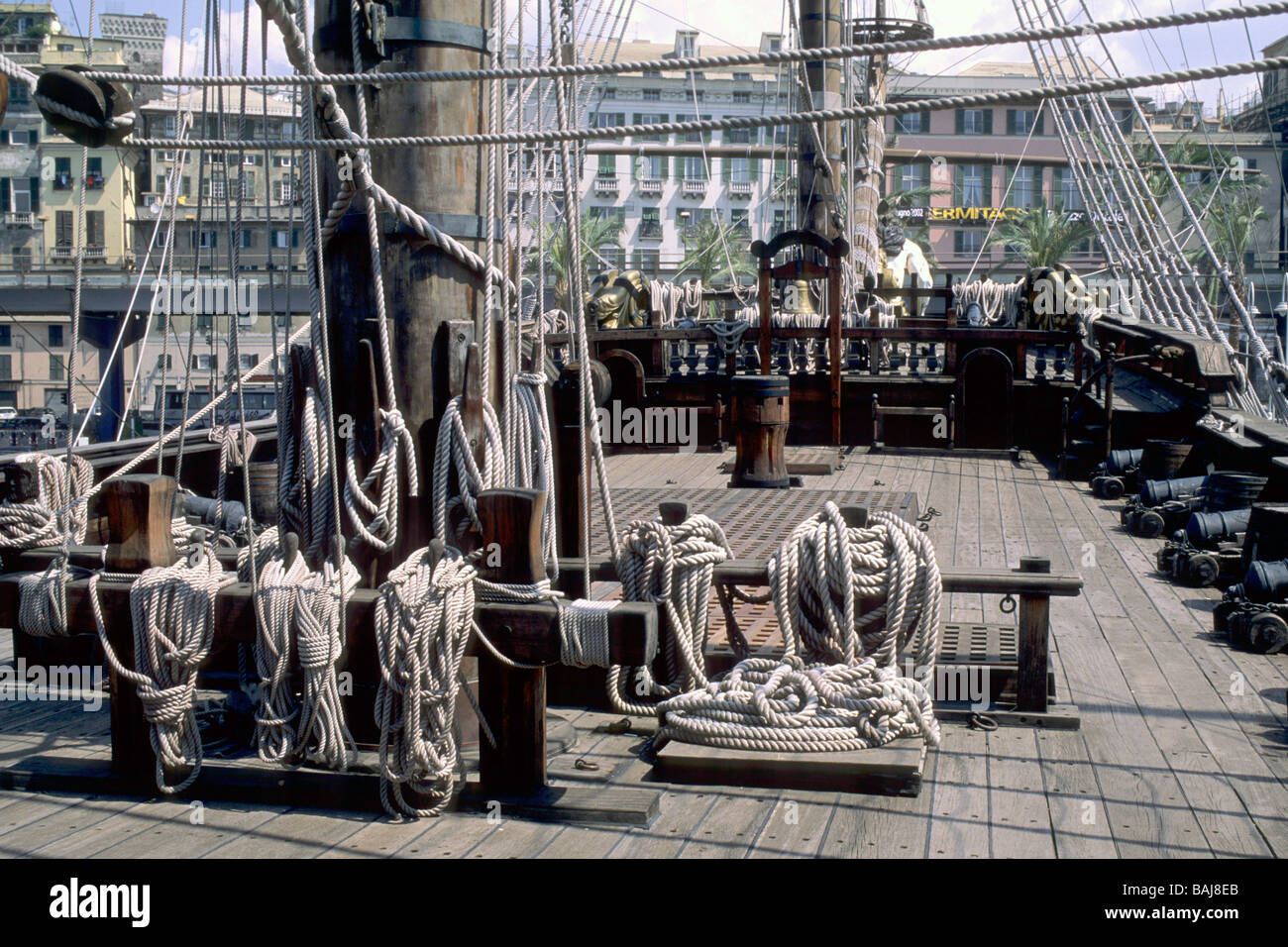 A detail of the ship Neptune anchored in the ancient port of Genoa ...