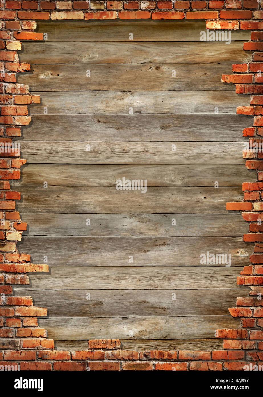 Wooden boards background with brick frame Stock Photo - Alamy
