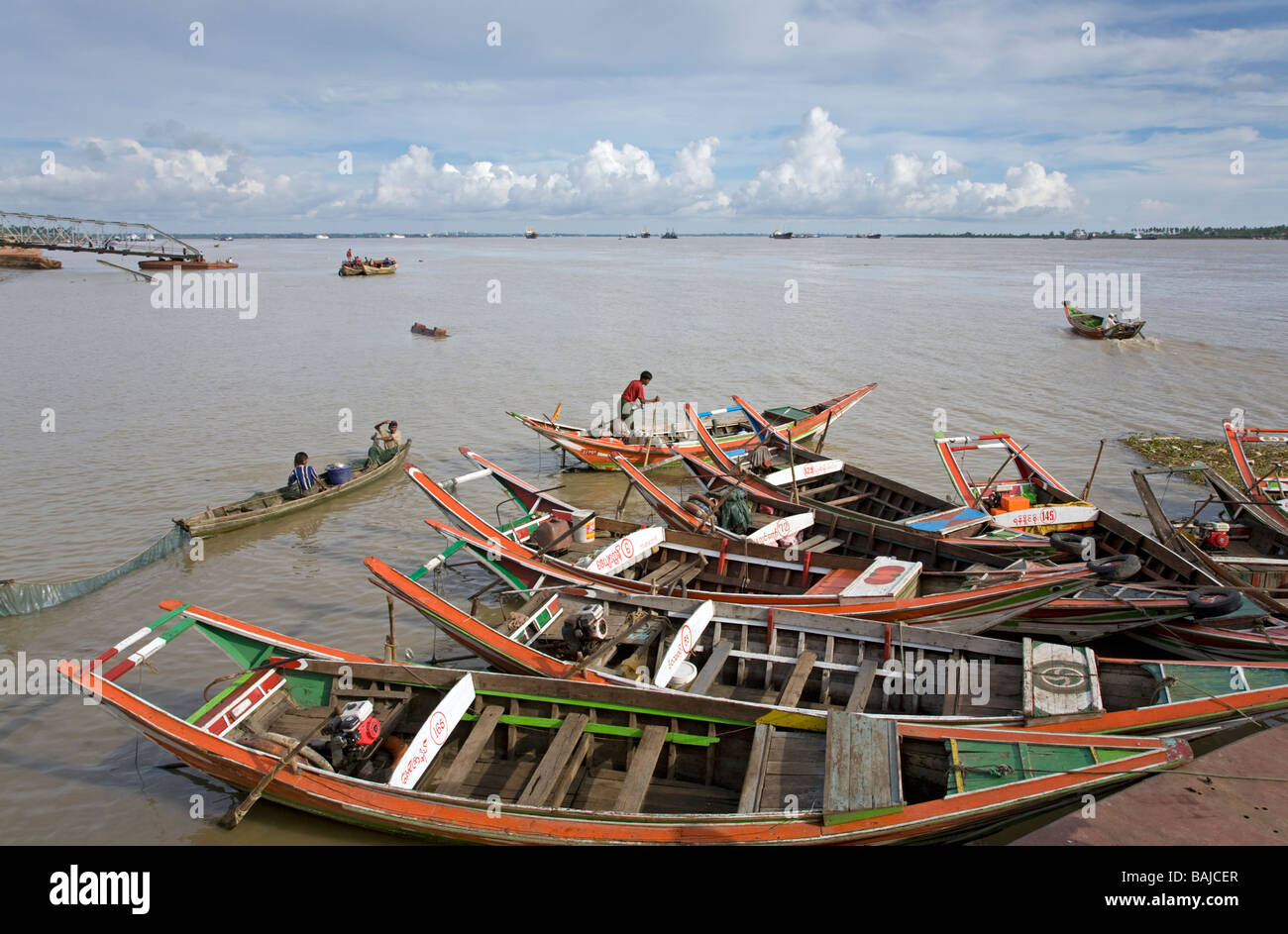 Water taxis. Yangon river. Botataung jetty. Yangon. Myanmar Stock Photo ...