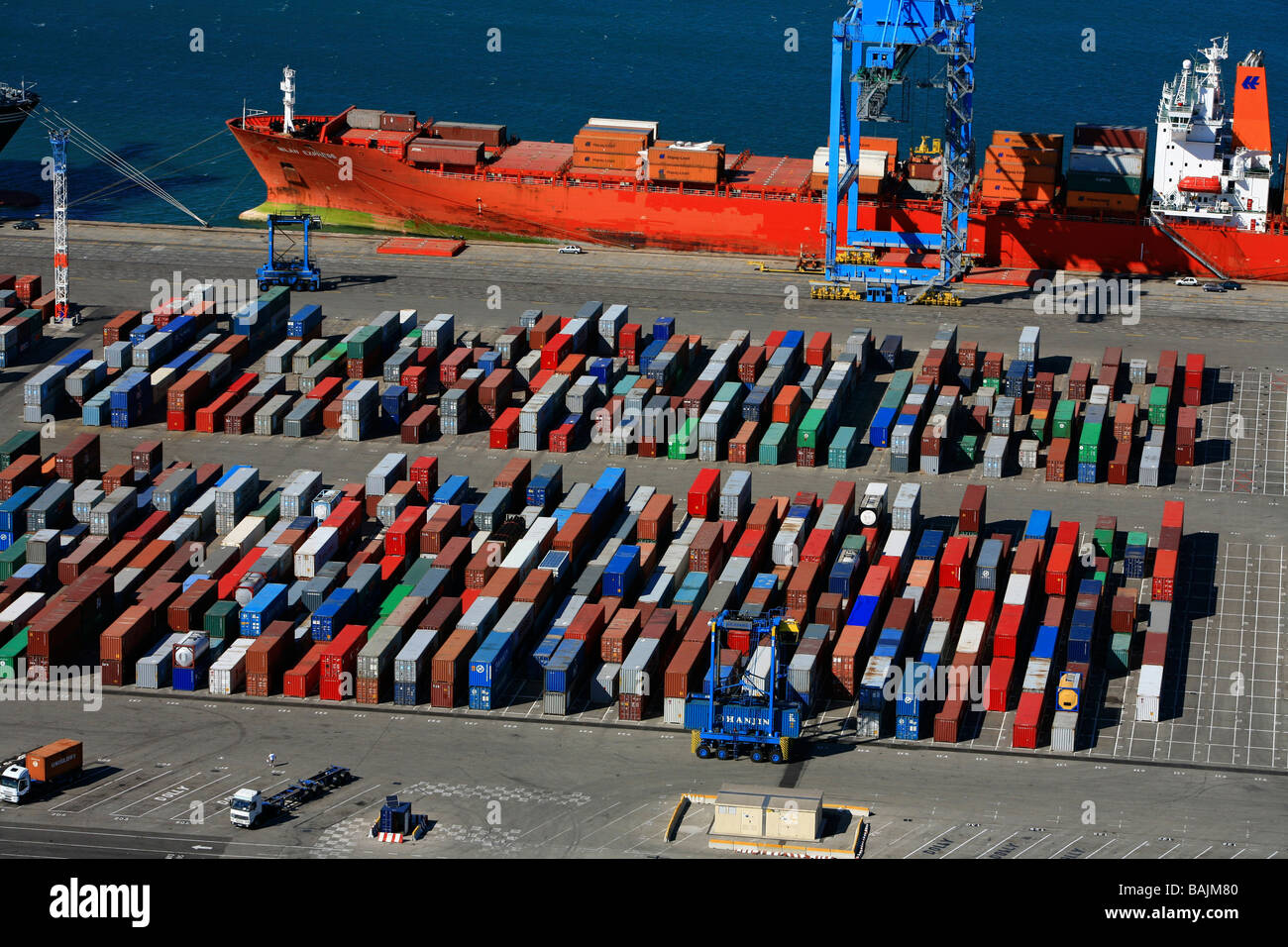 France, Bouches du Rhone, port of Fos sur Mer, container ship (aerial ...