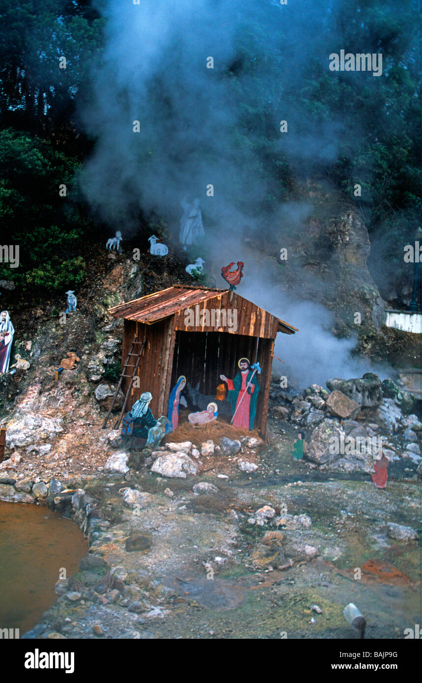 Nativity scene on hot smoking volcanic caldera Furnas village Sao ...