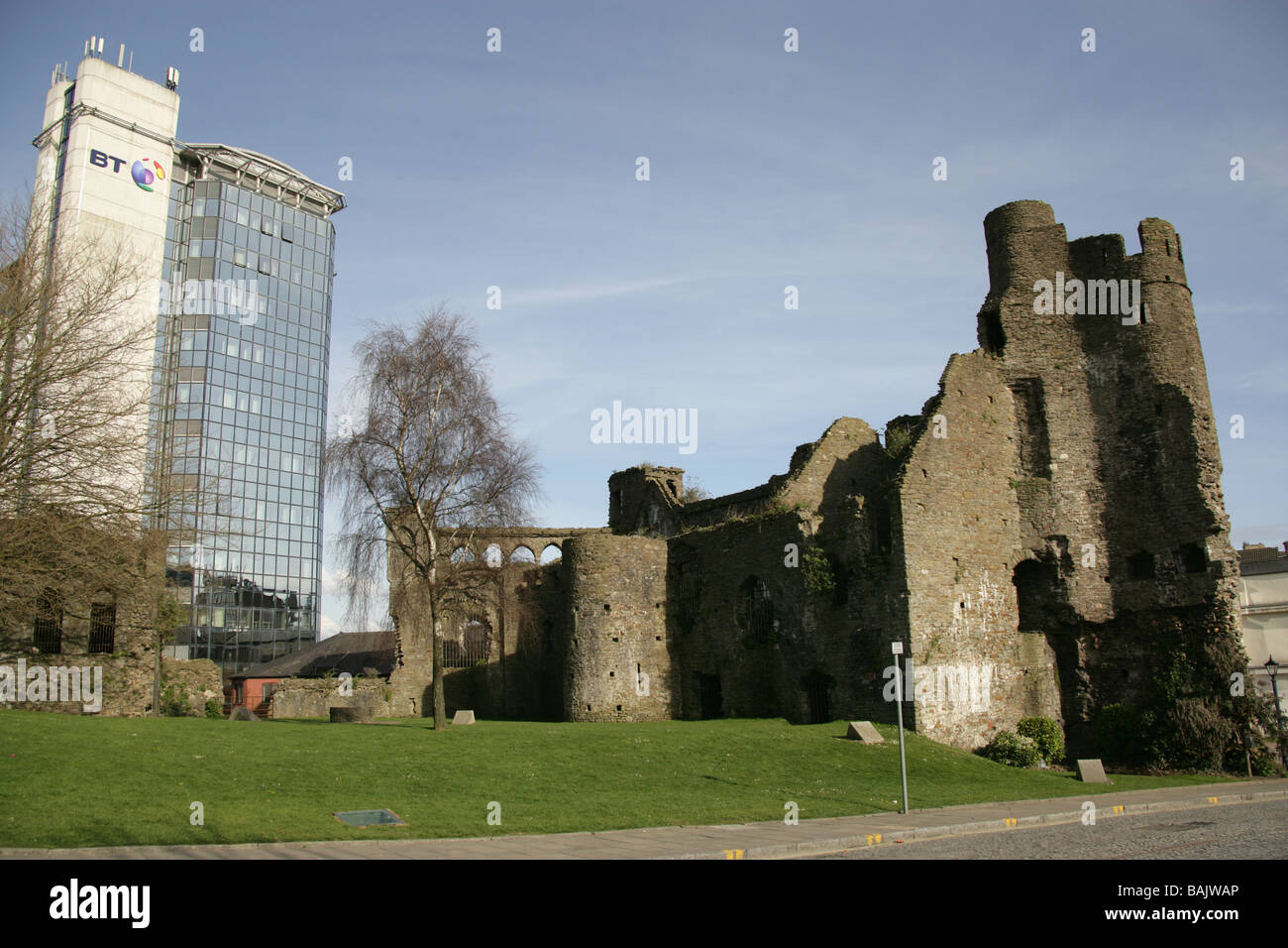 City of Swansea, South Wales. Swansea Castle ruins with the BT Building ...