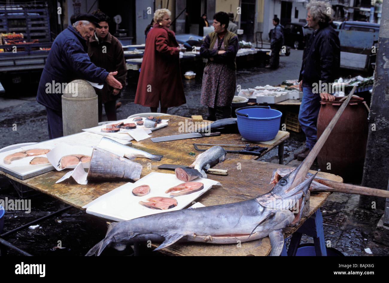Italy, Campania, Naples, fish market at Nolana Gate, swordfish in the ...