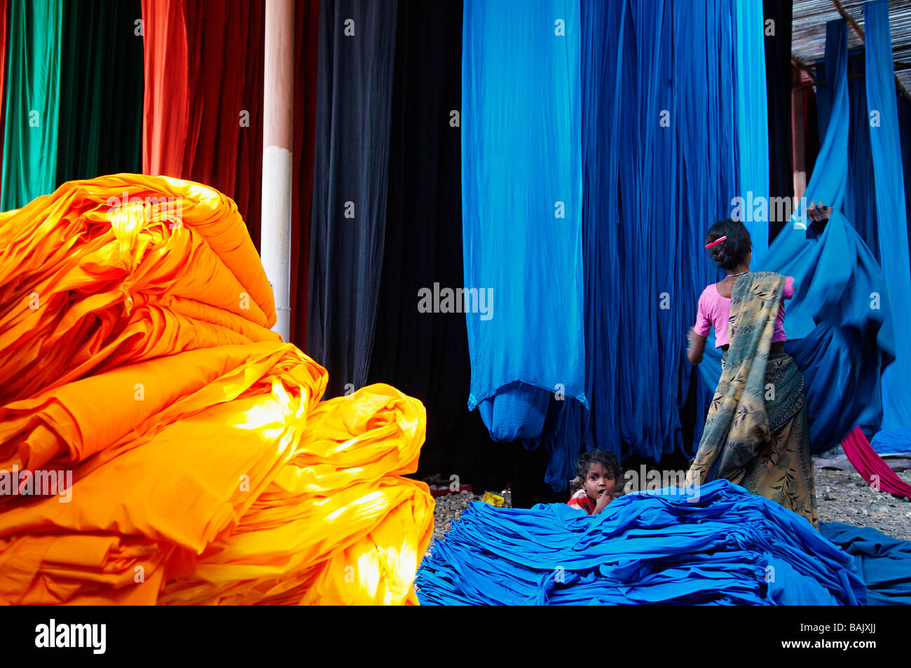 India, Rajasthan State, sari factory, woman and child Stock Photo - Alamy
