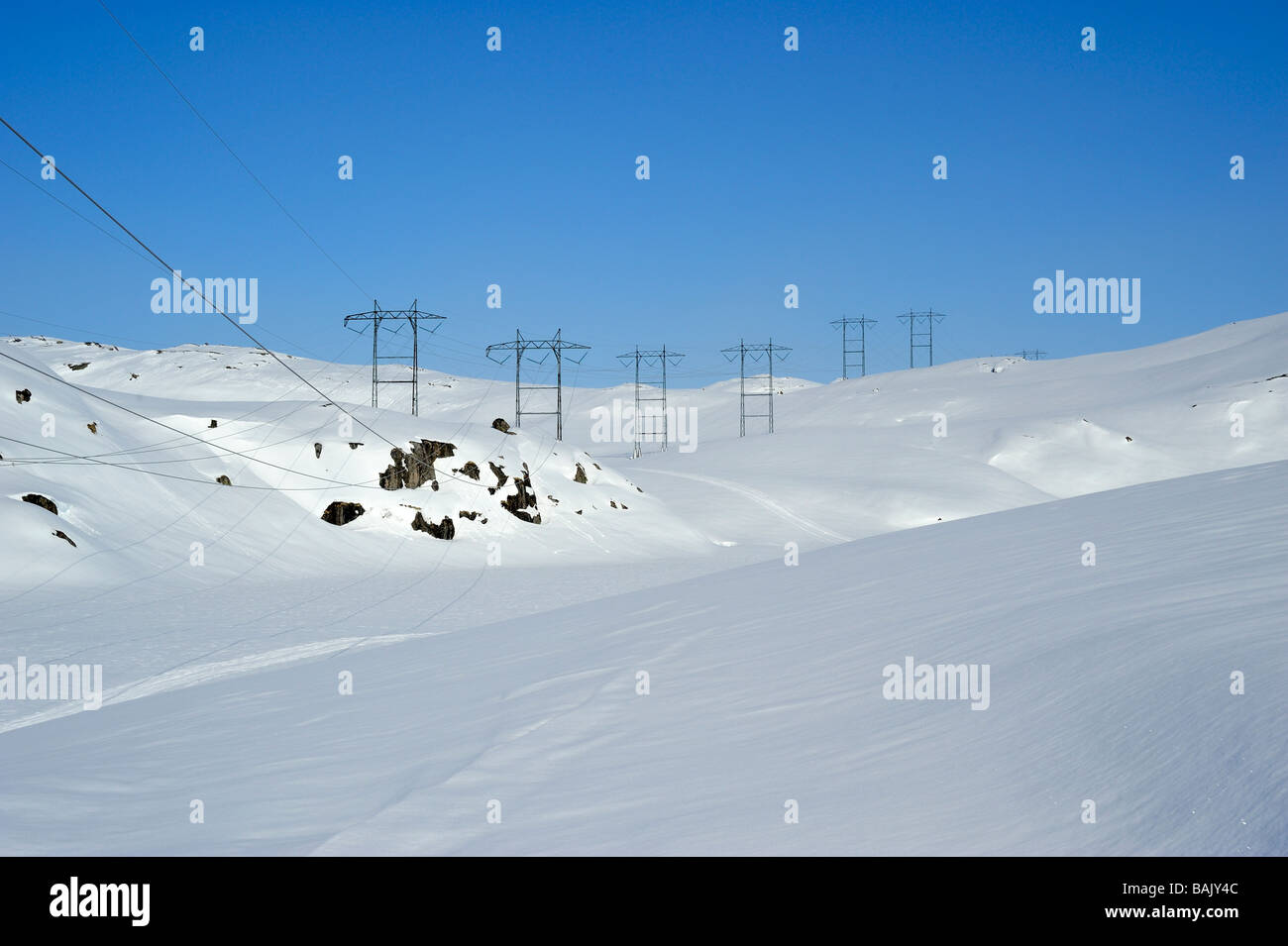 Power lines and towers in mountain Stock Photo - Alamy