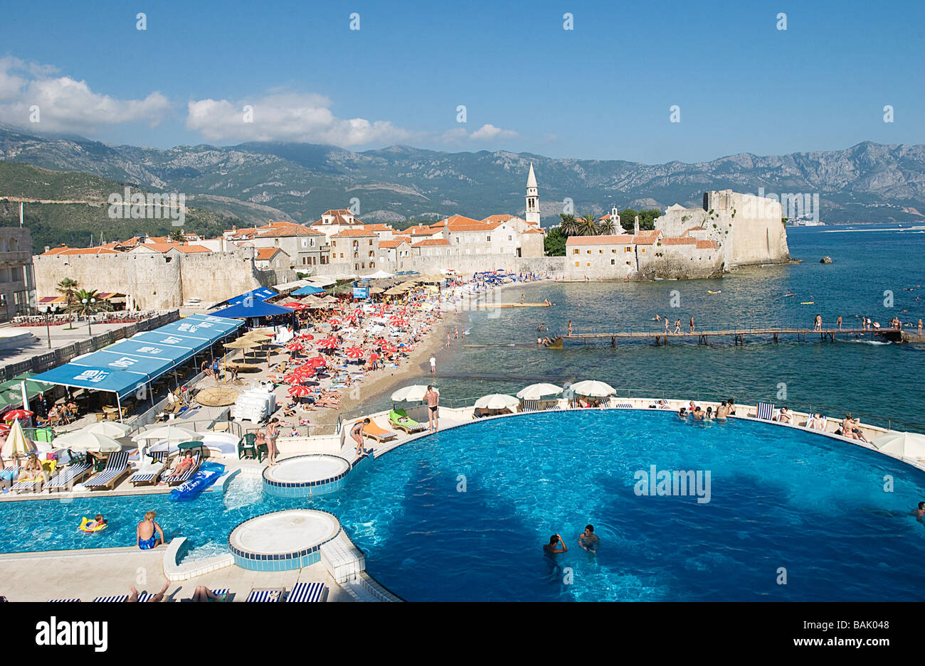 Montenegro, Adriatic Coast, old town of Budva, the swimming pool and ...
