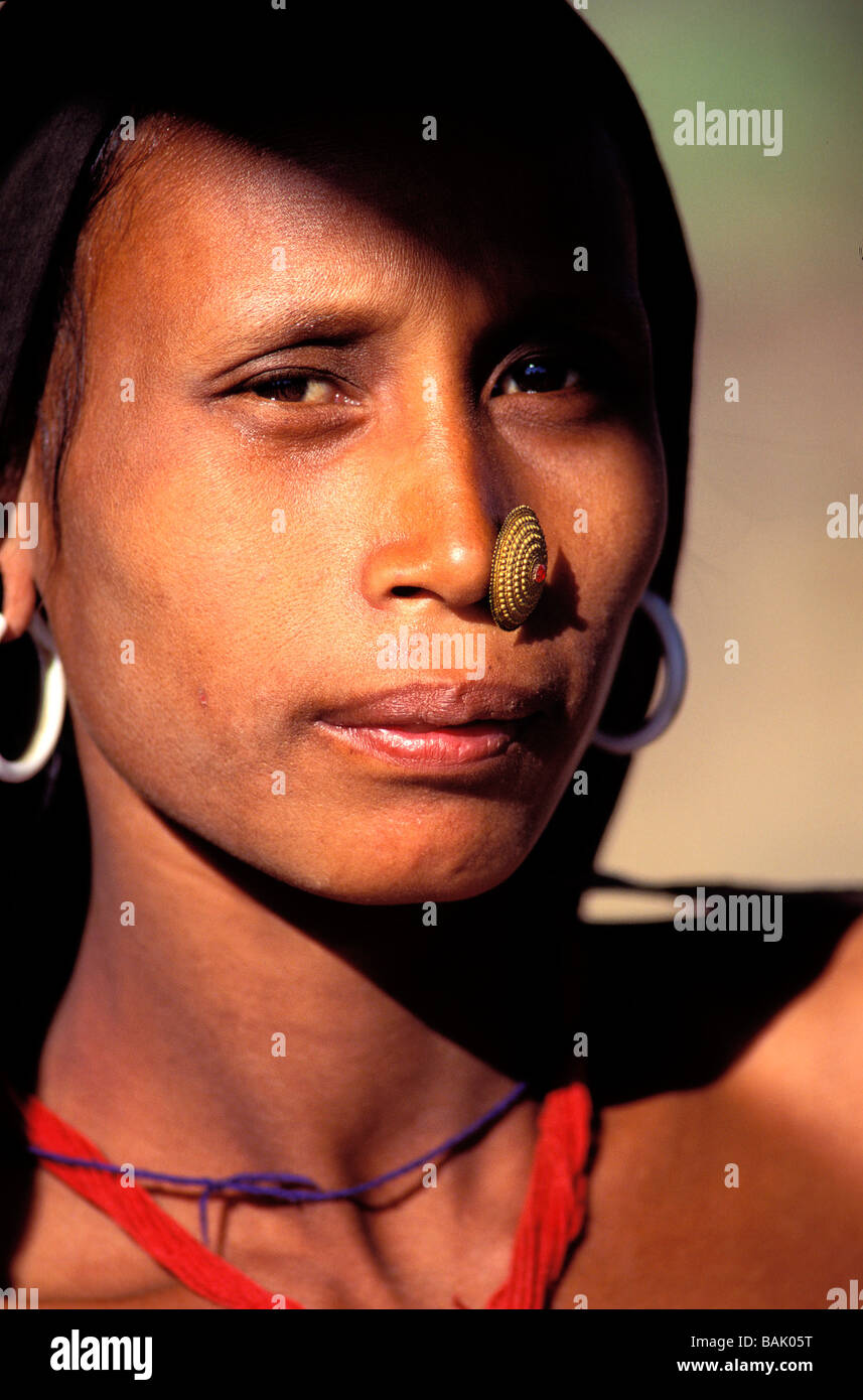 Nepal, Terai Region (Madhesh), portrait of young woman from Rana Tharu ...