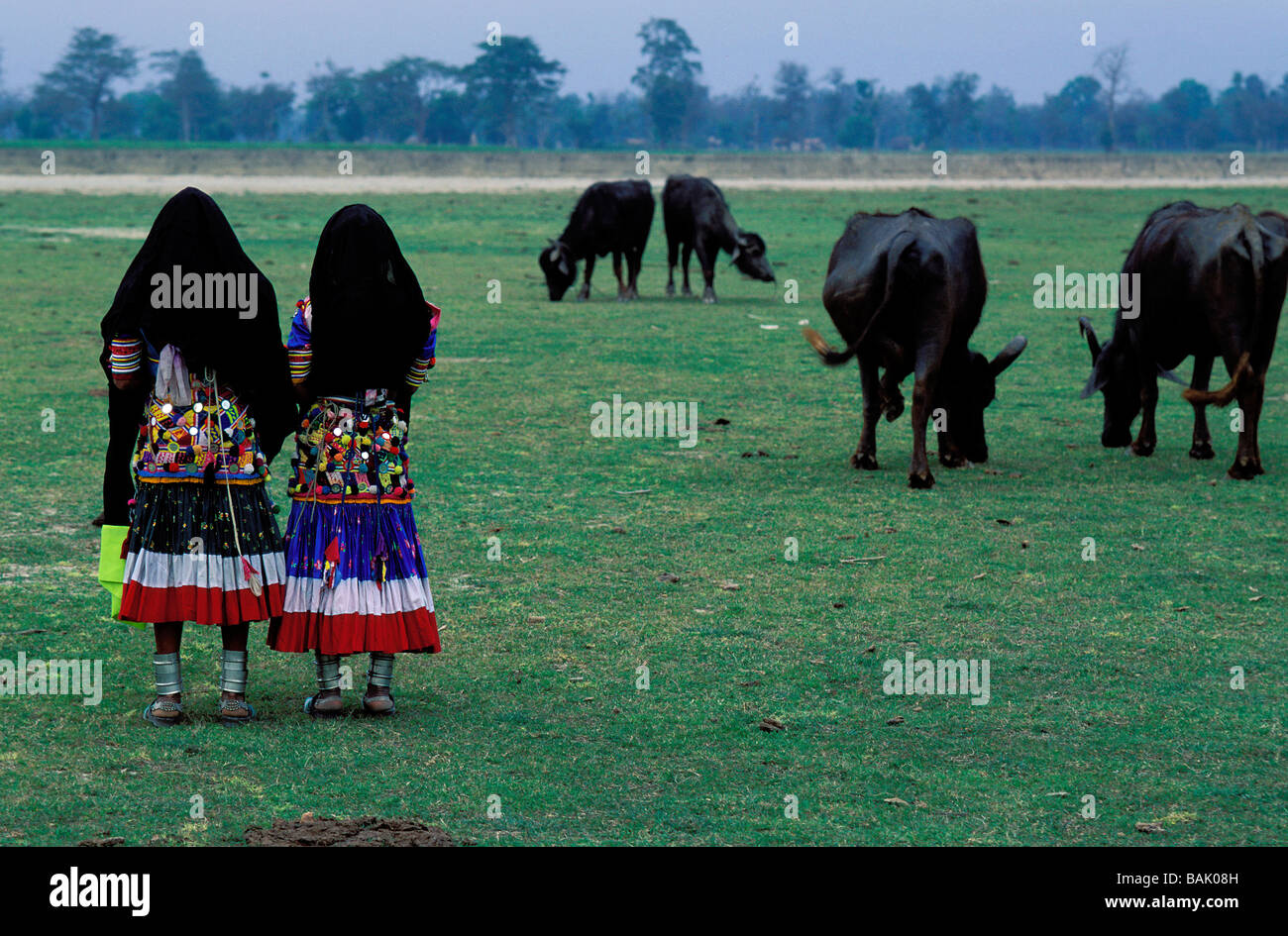 Nepal, Terai Region (Madhesh), girls of Rana Tharu ethnic group with ...
