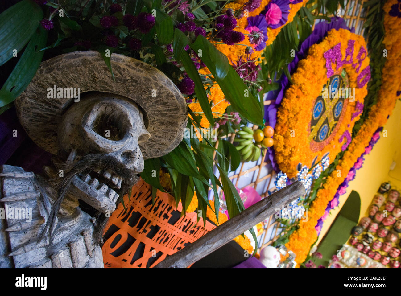 Skeleton and shrine with offerings, the day of the dead, Oaxaca, Mexico ...