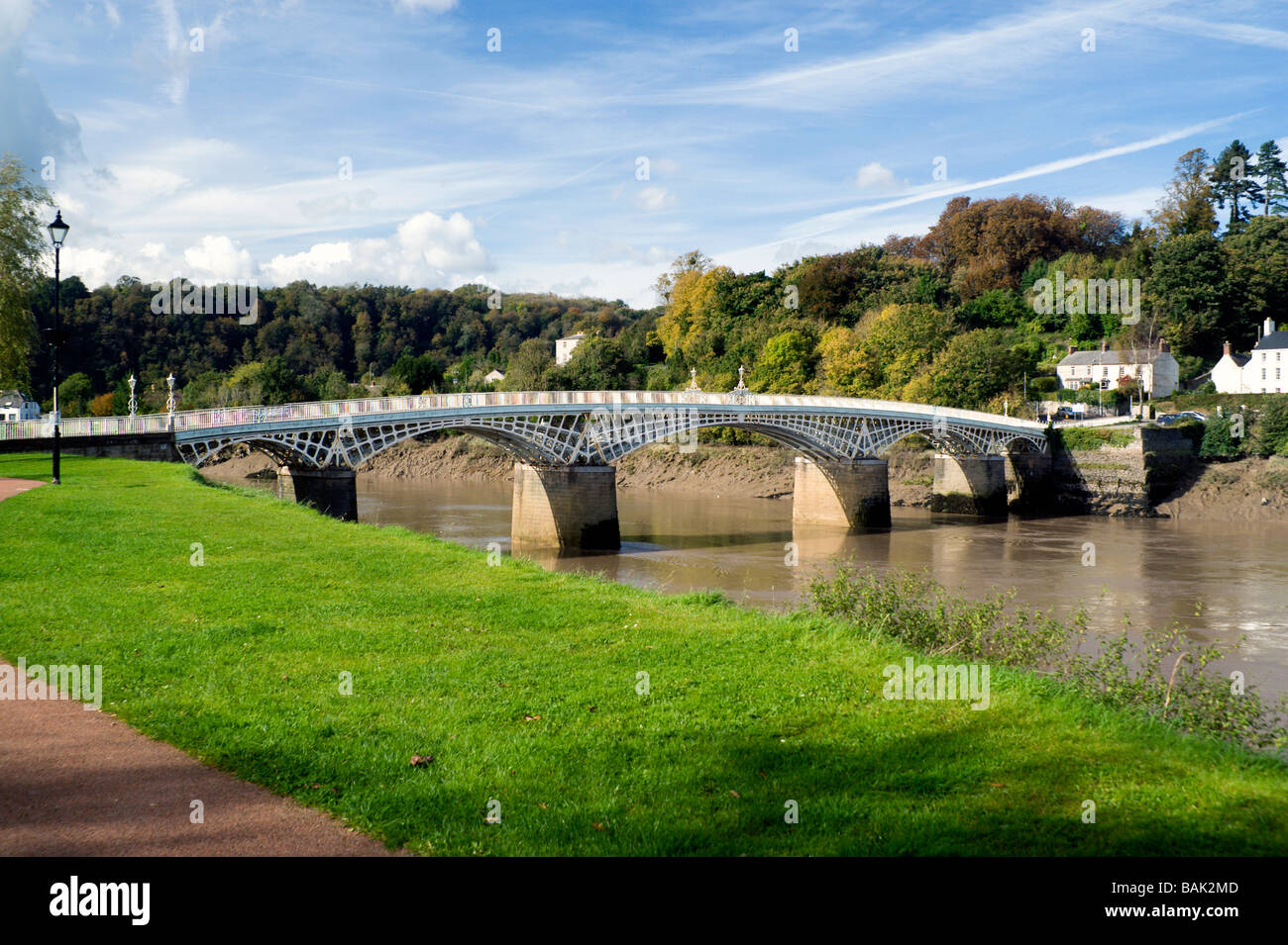 wrought iron bridge spanning river wye from the welsh side of the river ...