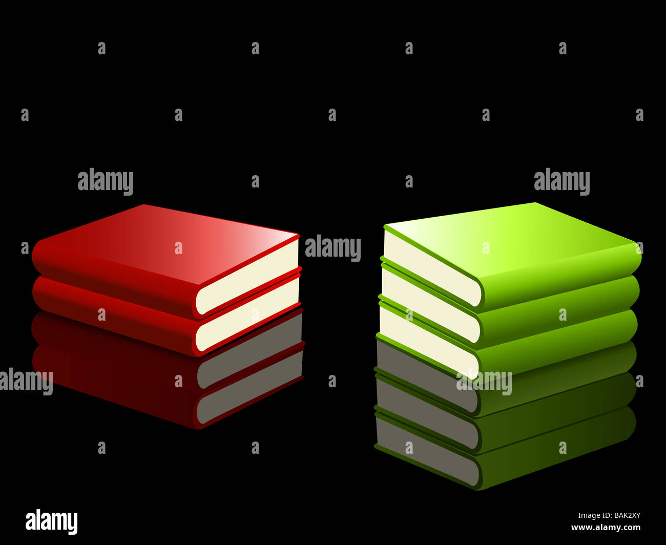 red and green books reflected on a black glossy background Stock Photo ...