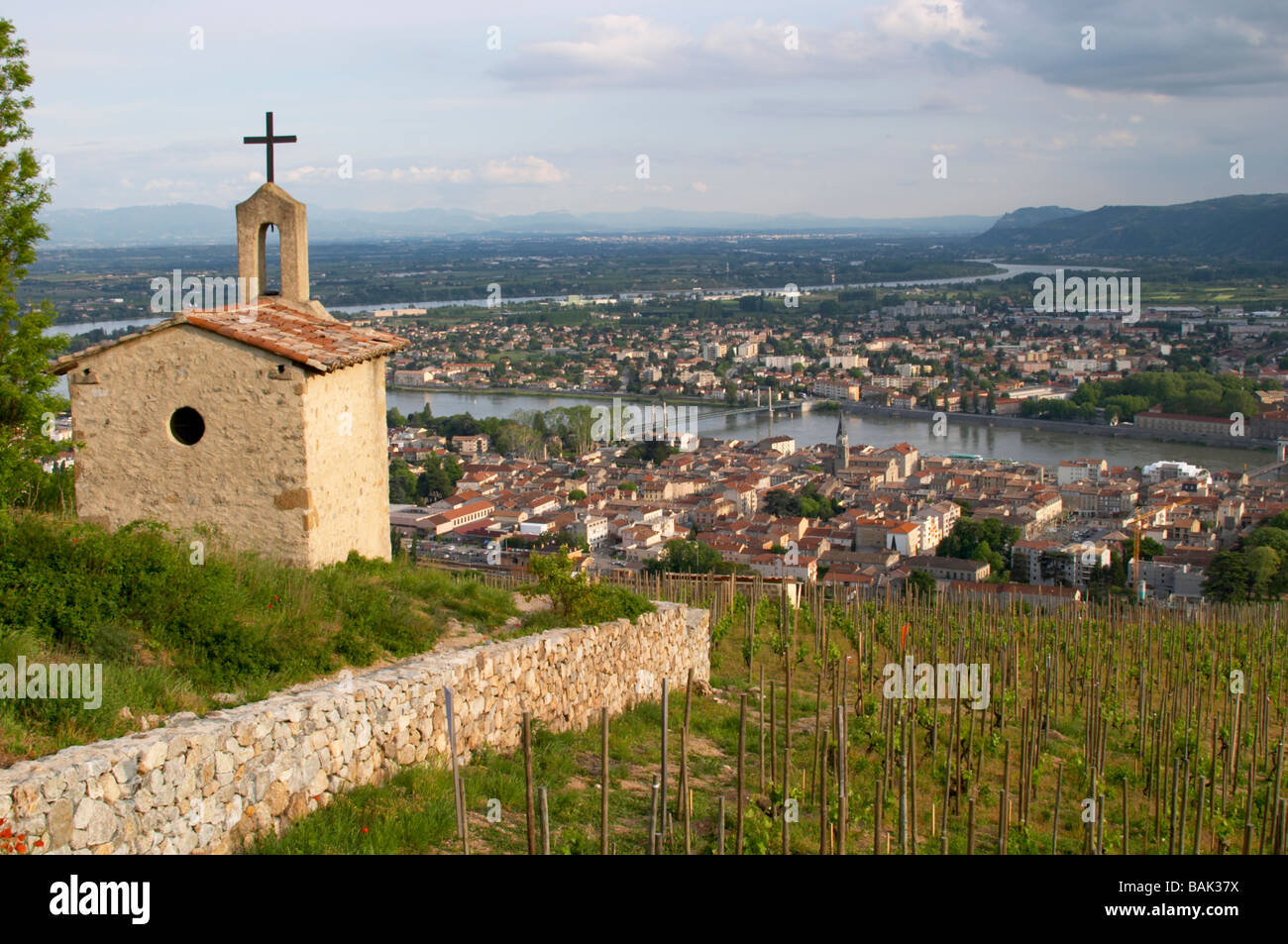 The la chapelle chapel vineyard view over town tain l hermitage rhone ...