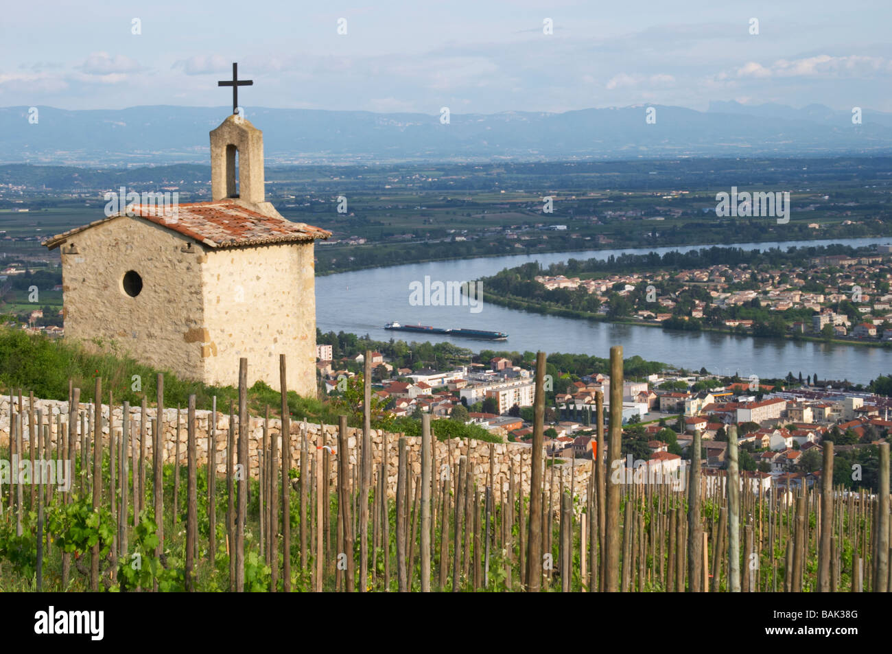 The la chapelle chapel vineyard view over town tain l hermitage rhone ...