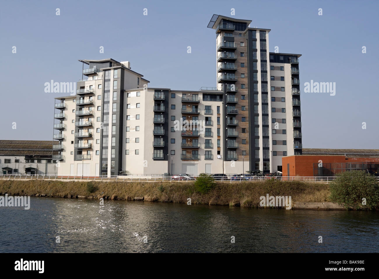 Modern apartment block flats building, River Taff in Cardiff, Wales UK ...