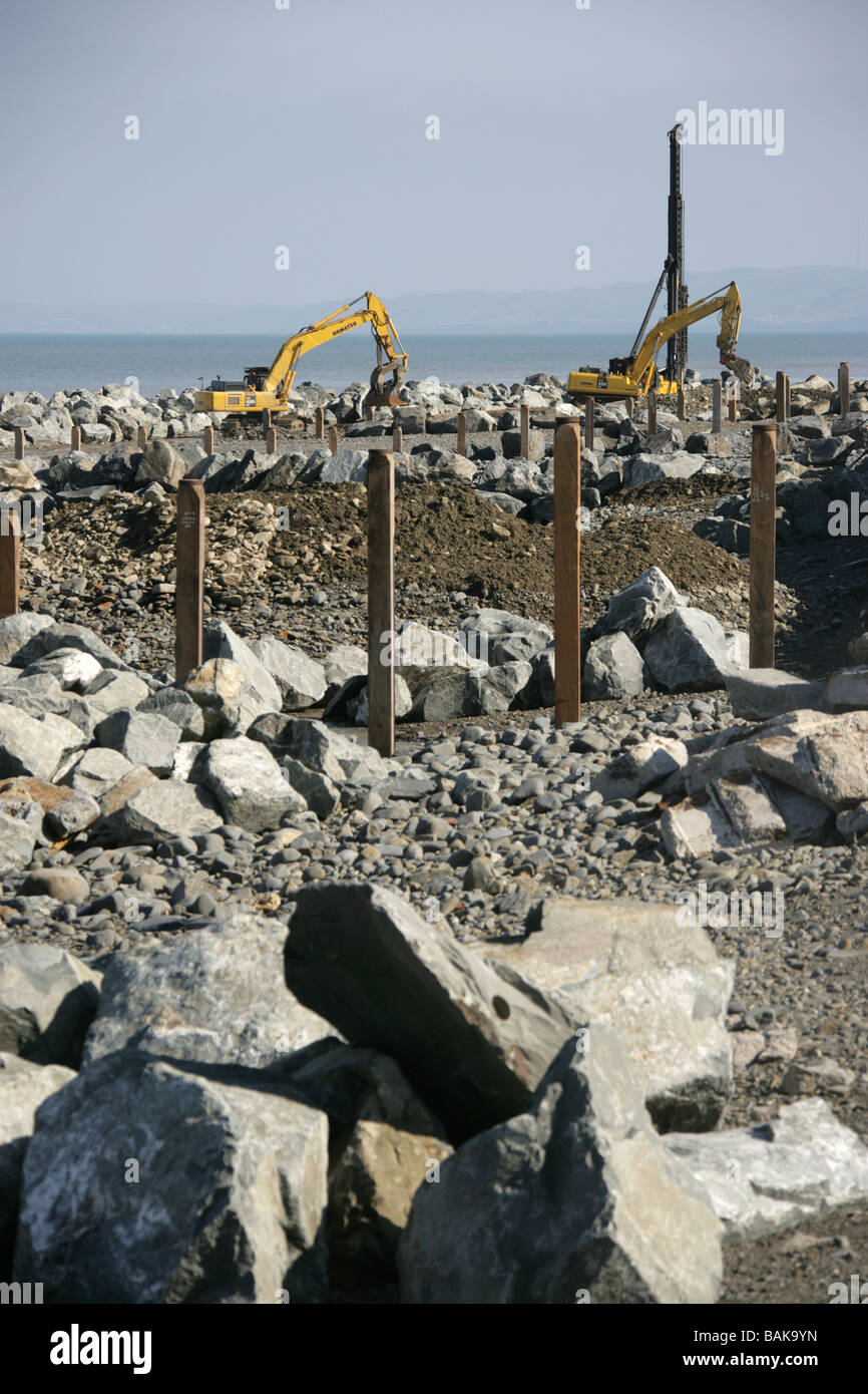 Town of Aberaeron, Wales. Construction of sea defences at Aberaeron ...