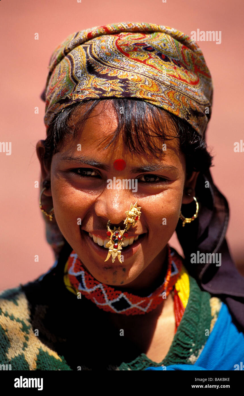 India, Uttarakhand State, Joshimath, portrait of a young Nepali woman ...
