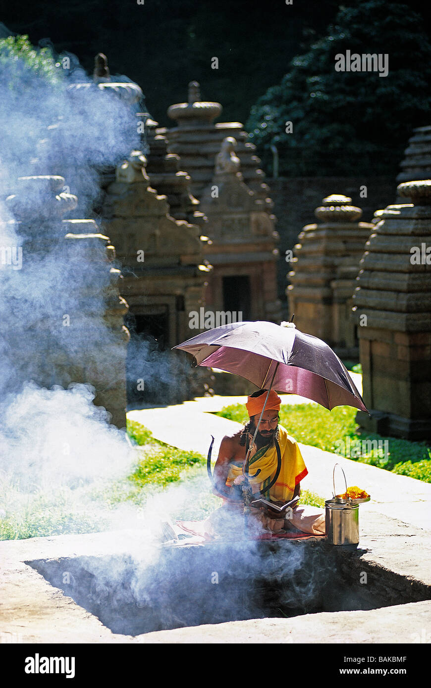 India, Uttarakhand State, Curzon Trail, near Pana, sadhu in meditation ...