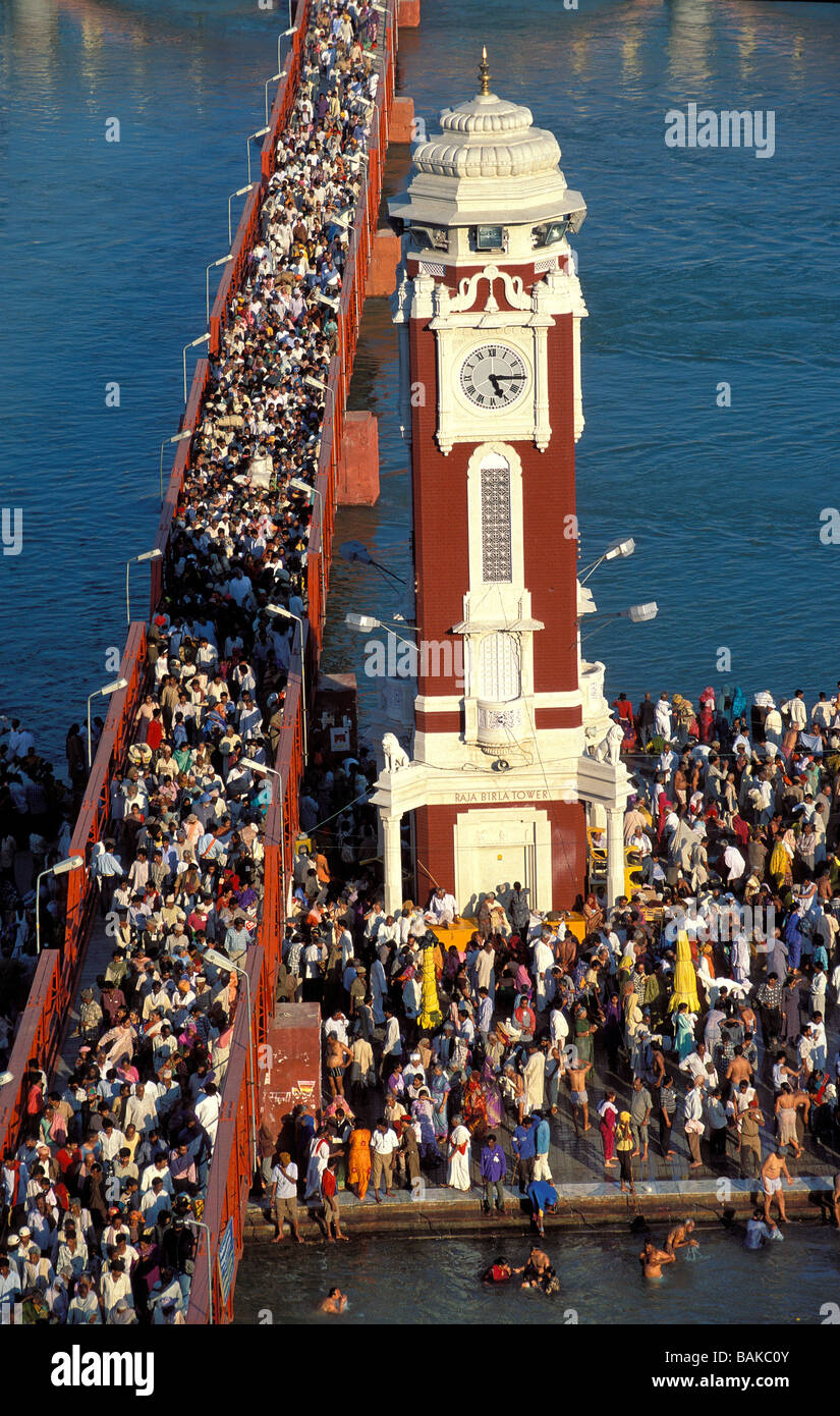 India, Uttarakhand State, Haridwar, crowded bridge over the Ganges ...