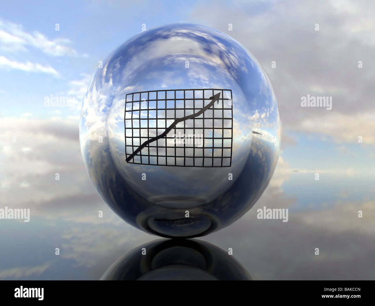 Realistic 3D rendering of a crystal ball predicting a chart with an ...