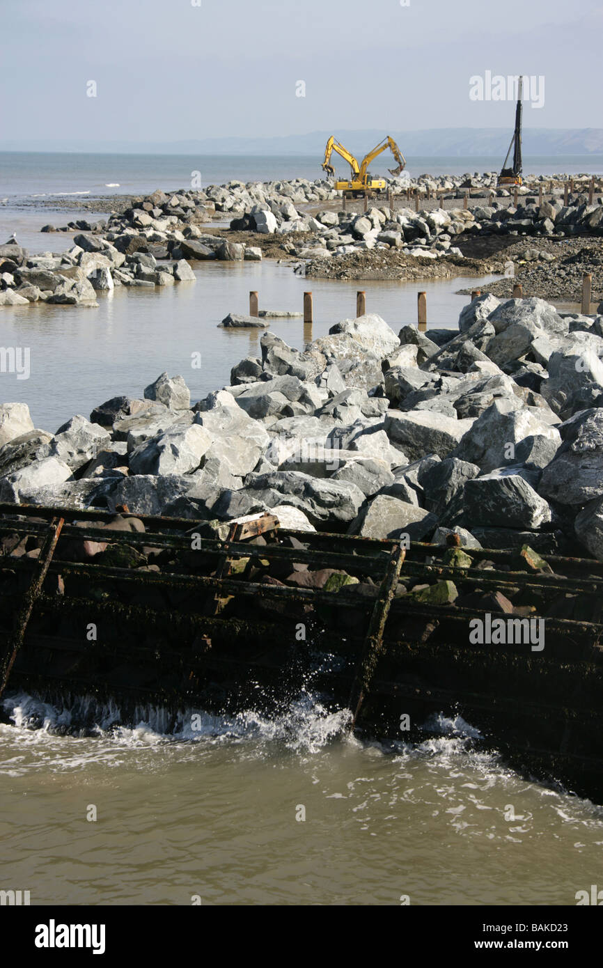 Town of Aberaeron, Wales. Construction of sea defences at Aberaeron ...