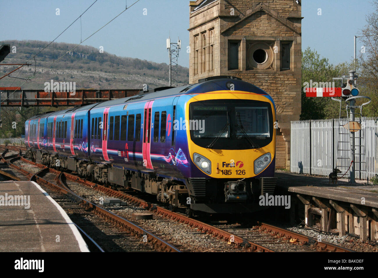 Class 185 Diesel Multiple Unit entering Carnforth station with a train ...