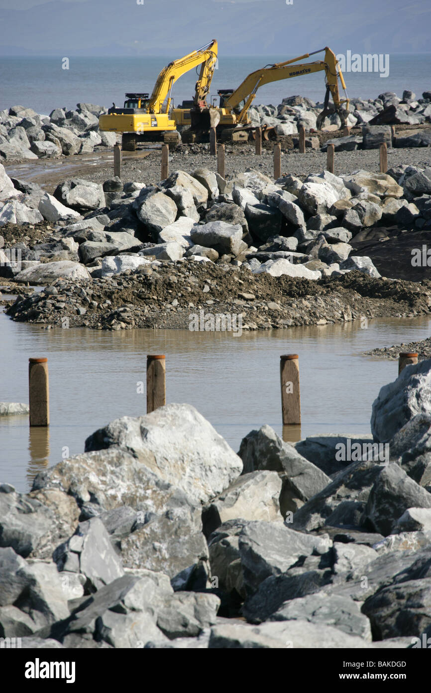 Town of Aberaeron, Wales. Construction of sea defences at Aberaeron ...