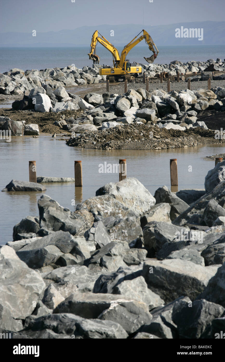 Town of Aberaeron, Wales. Construction of sea defences at Aberaeron ...