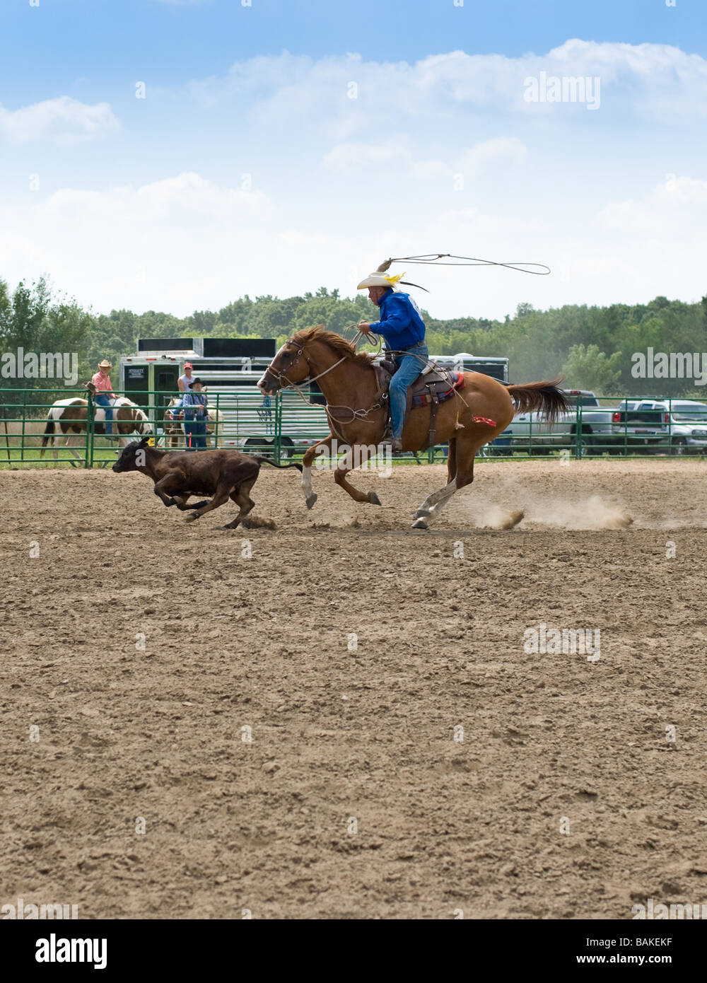 Man throwing lasso at rodeo event Stock Photo - Alamy
