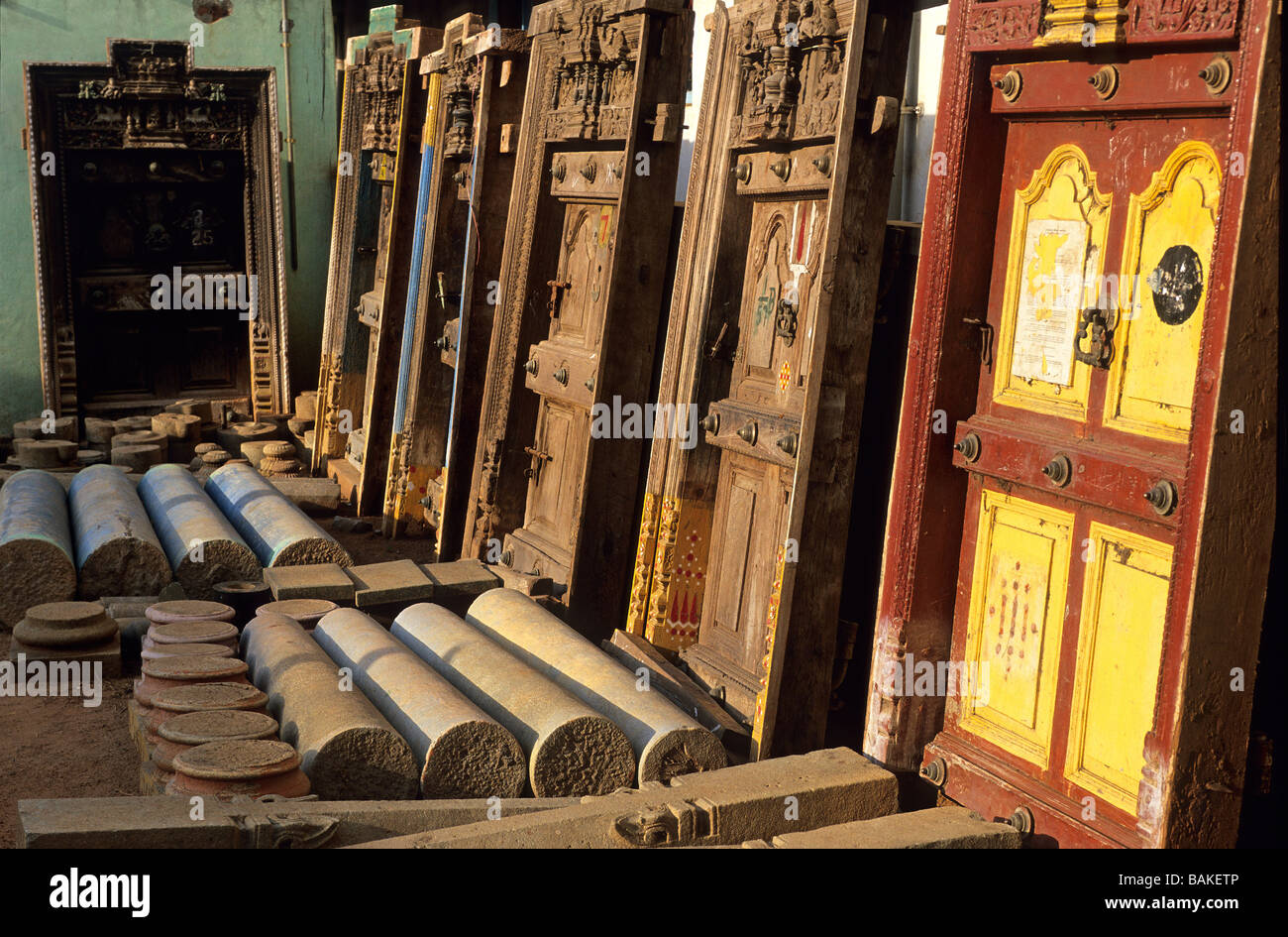 India, Tamil Nadu State, Chettinad Region, Karaikudi, doors and columns ...