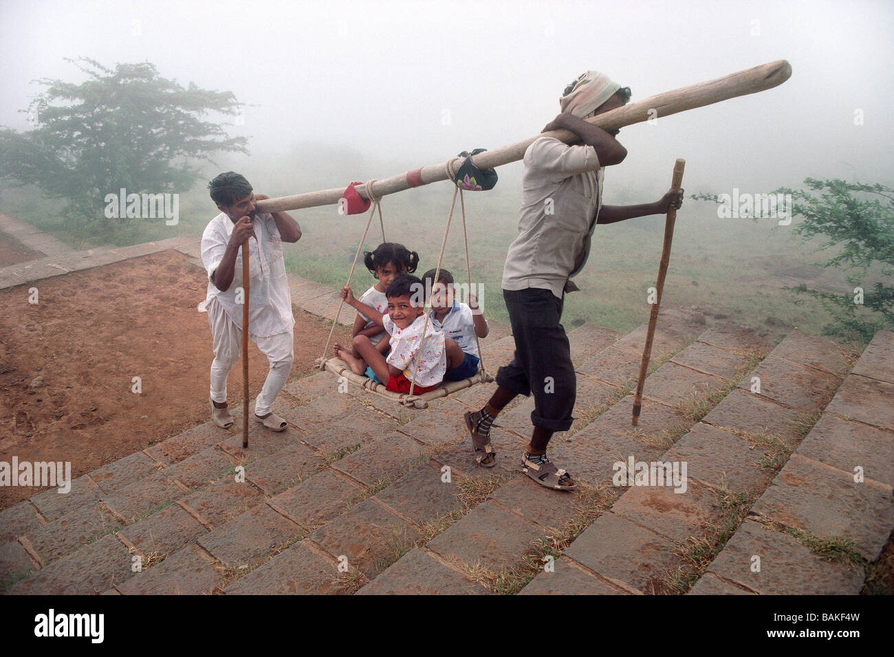 India, Gujarat State, Palitana, Jain children on the way to Shetrunjaya ...