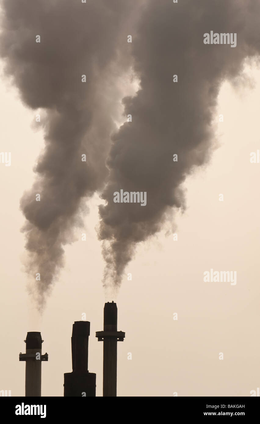 Smoke stacks pumping out pollution in golden evening light Stock Photo ...