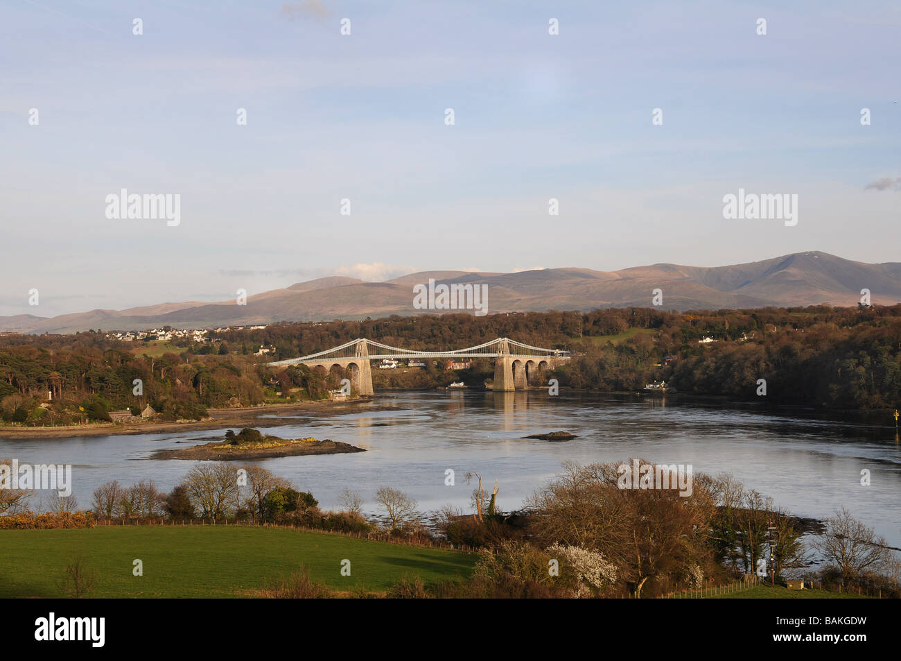 The Menai suspension bridge which connects the North Wales mainland to ...