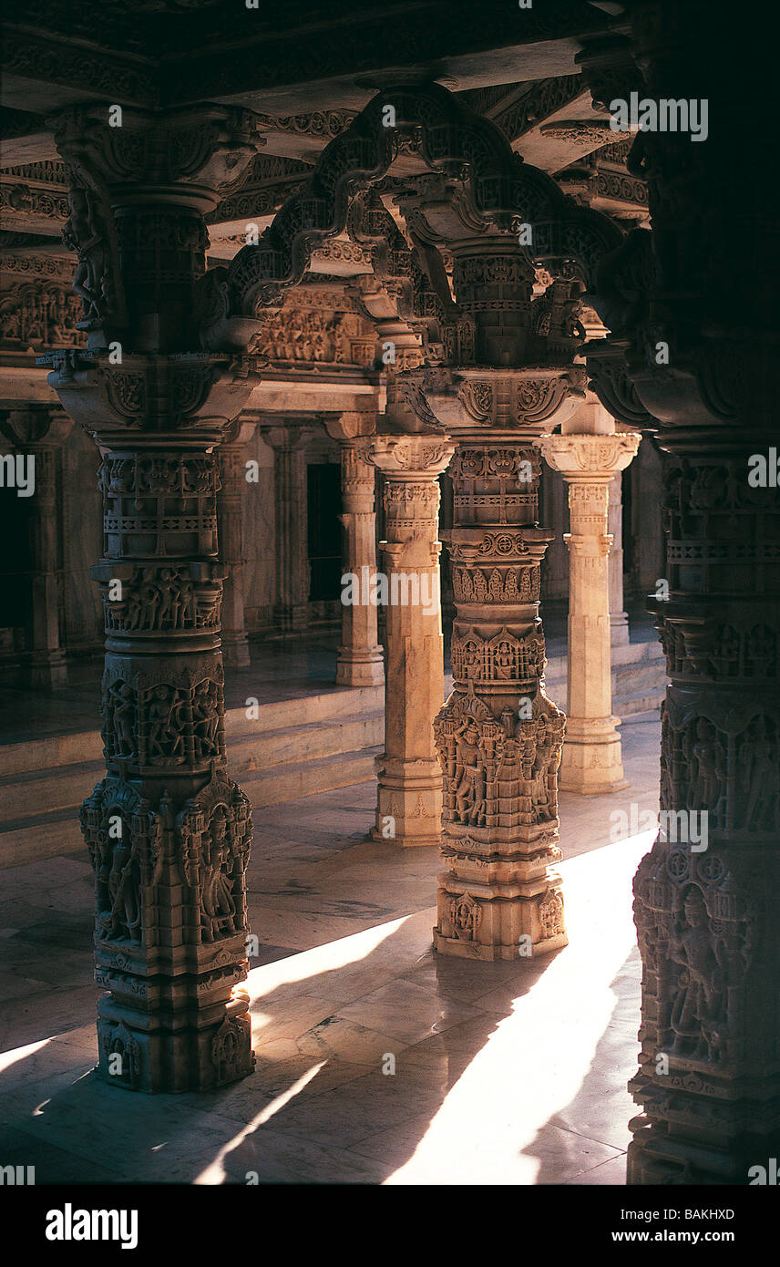 India, Rajasthan State, Mount Abu, Jain temples of Delwara, columns ...