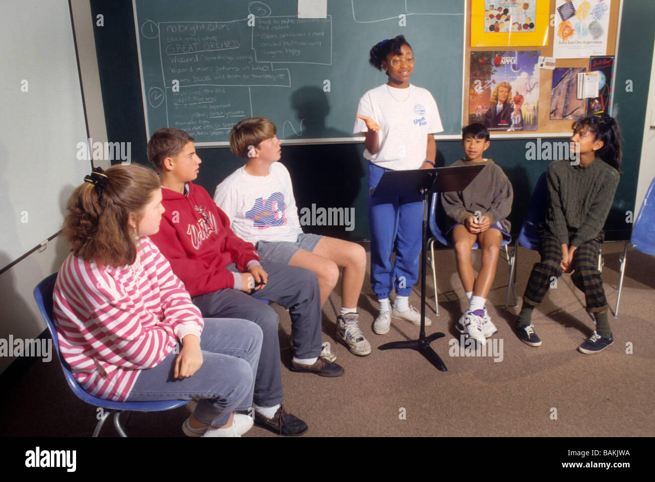 Mix race student group speak class talk lecture report demonstrate ...