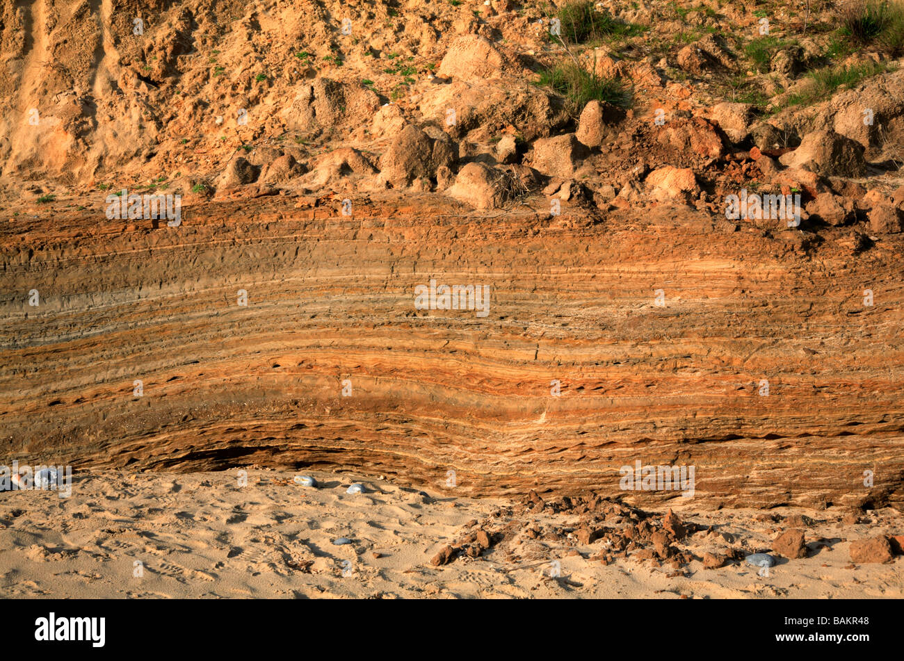 Detail of exposed base of cliff at Happisburgh, Norfolk, UK, showing ...