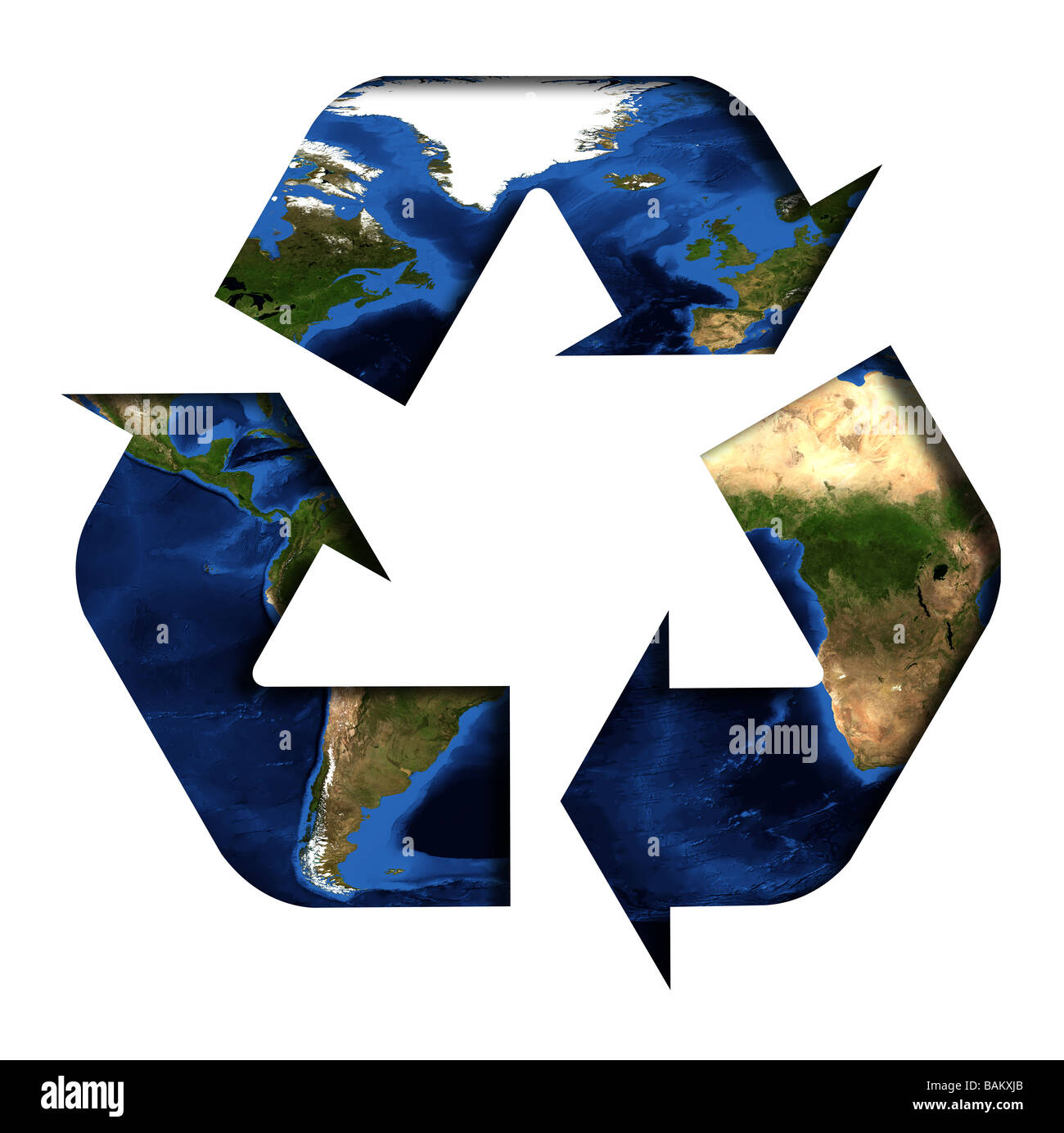 Rendered Earth image (map courtesy of NASA) within recycle symbol on a ...