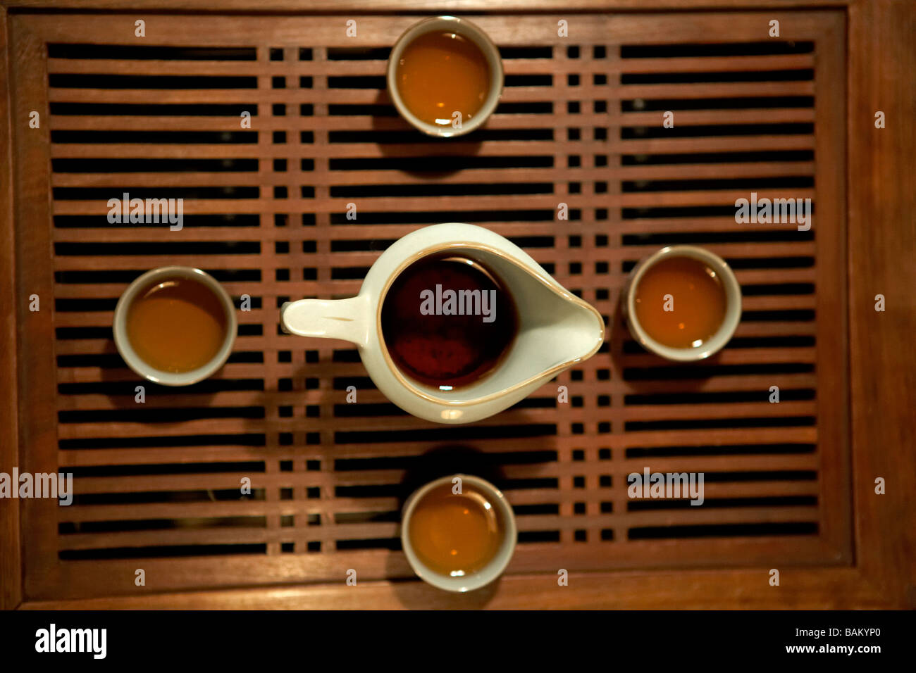 View Of Four Tea Cups And A Teapot From Directly Above Stock Photo - Alamy